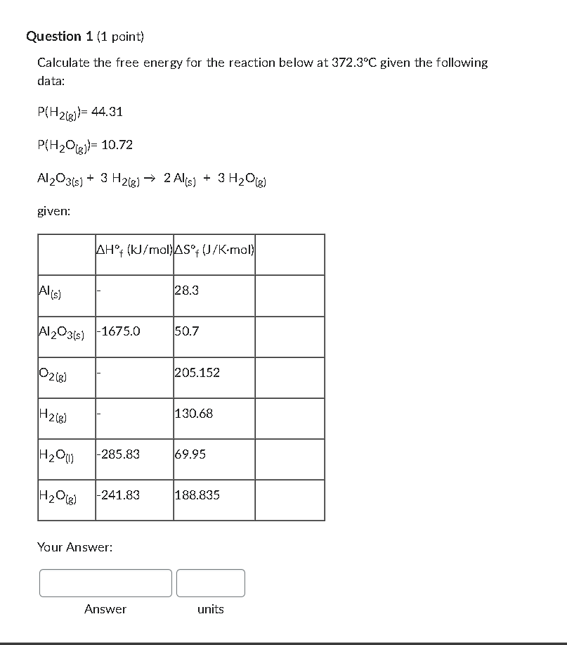 Solved Question 1 (1 ﻿point)Calculate the free energy for | Chegg.com
