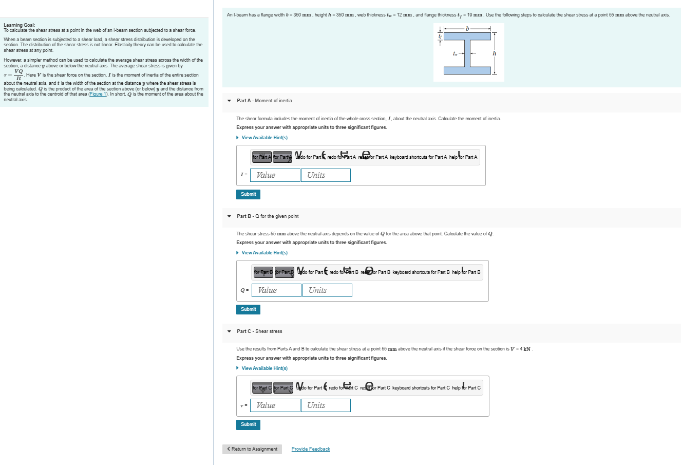 Solved An I-beam has a flange width b=350mm, ﻿height | Chegg.com