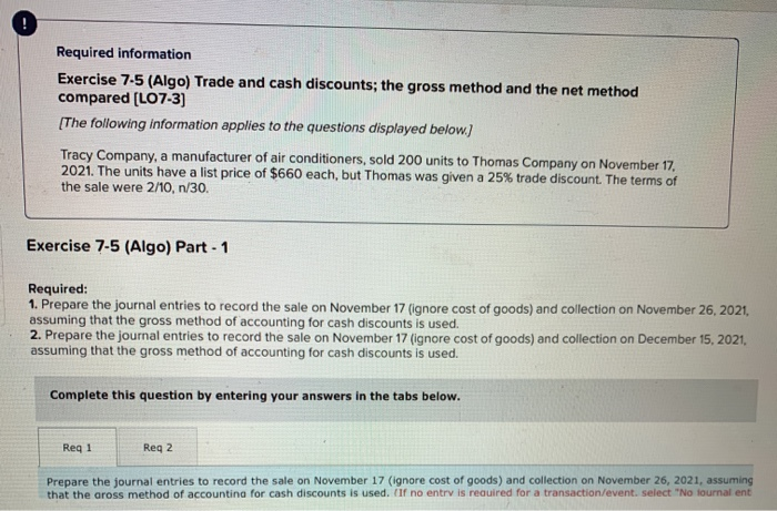 Solved Required information Exercise 7-5 (Algo) Trade and | Chegg.com