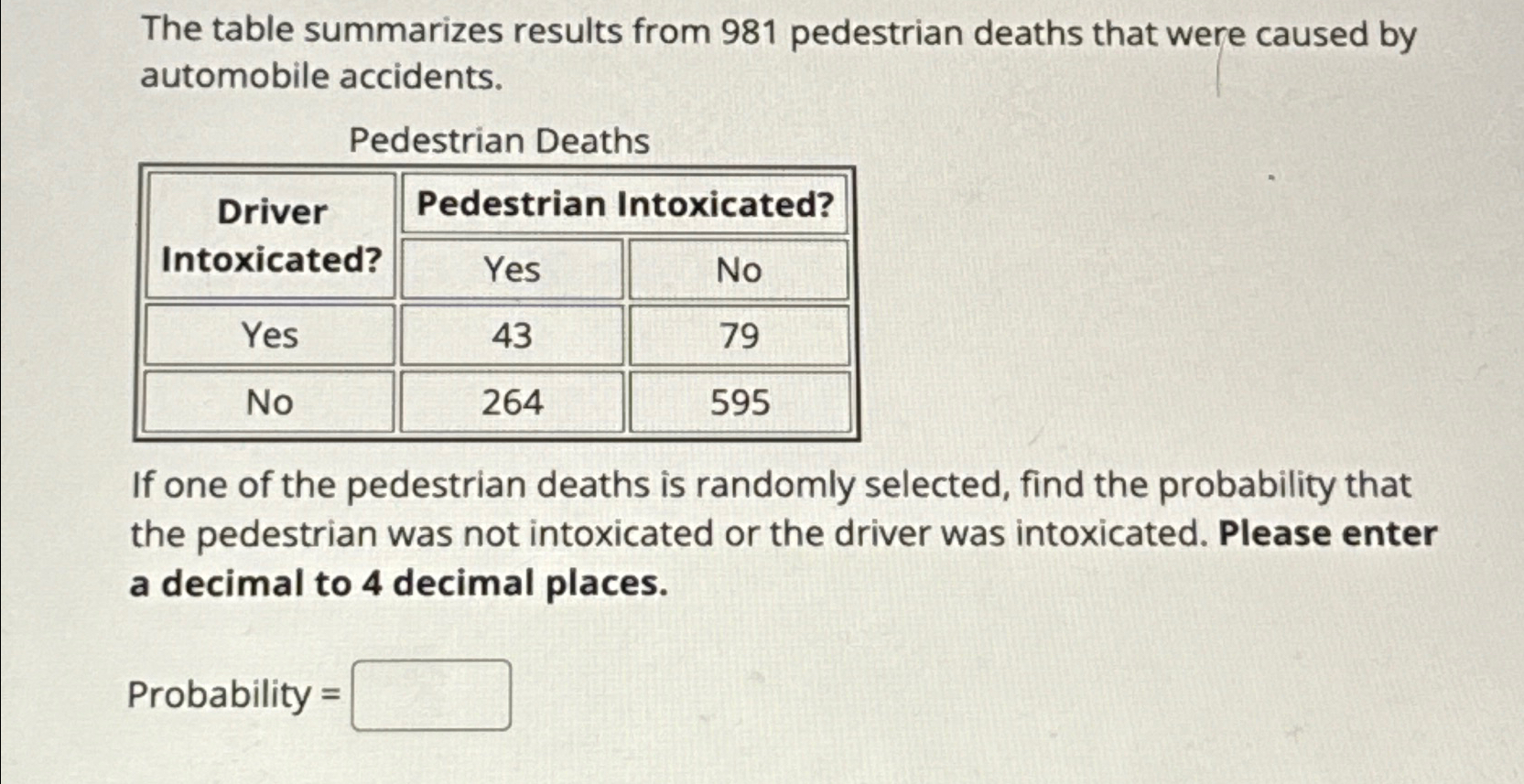 Solved The table summarizes results from 981 ﻿pedestrian | Chegg.com