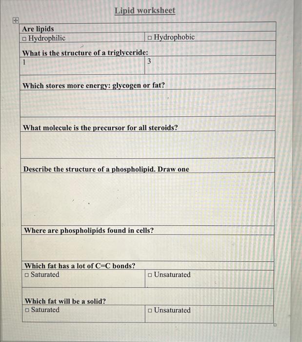 Solved Lipid worksheet Are lipids a Hydrophilic a | Chegg.com