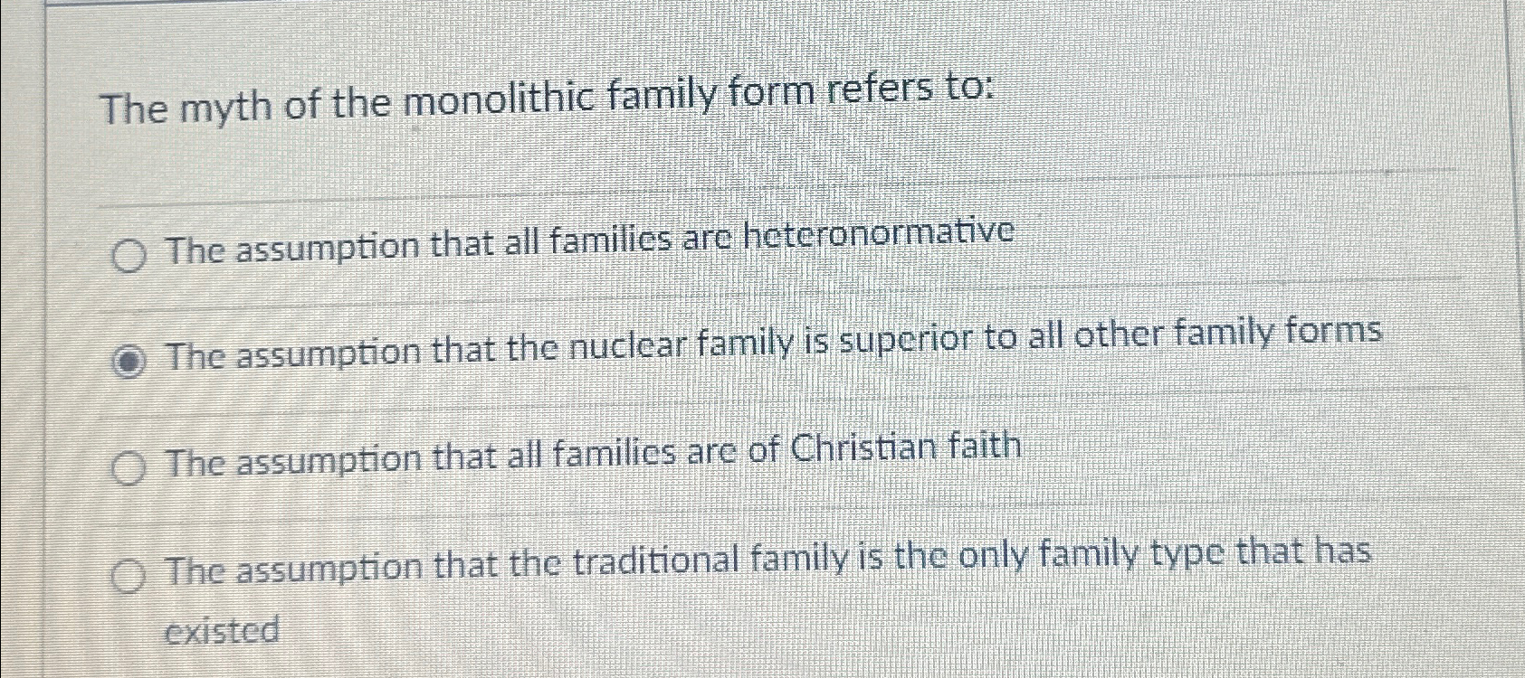 Solved The myth of the monolithic family form refers to:The | Chegg.com