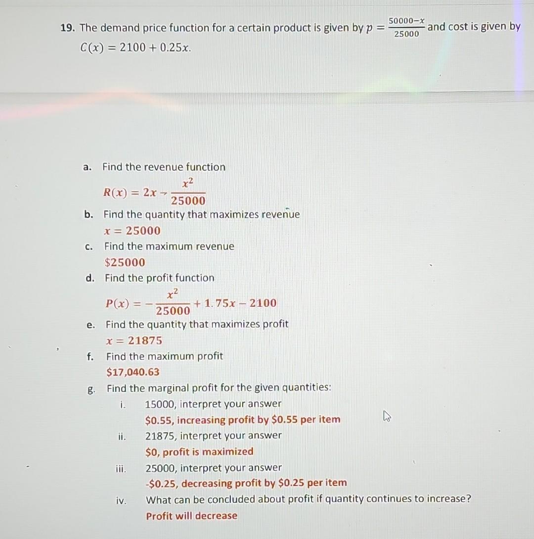 Solved 19. The demand price function for a certain product | Chegg.com