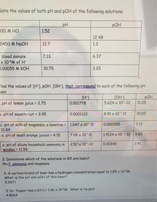 Solved 6. Fill in the following table: [H+) [он:] ] PH POH | Chegg.com