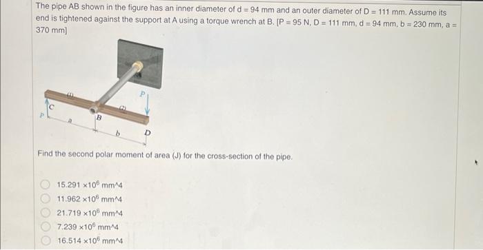 Solved The pipe AB shown in the figure has an inner diameter | Chegg.com