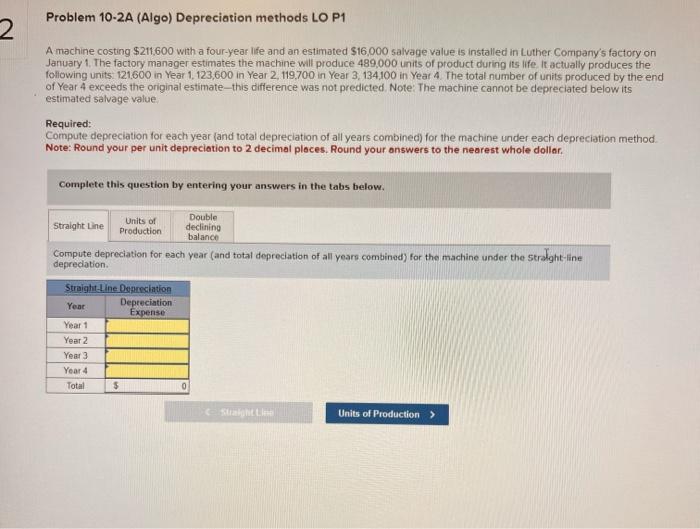 Solved Problem 10-2A (Algo) Depreciation methods LO P1 A | Chegg.com