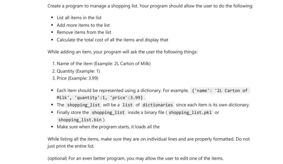 Solved Create a program to manage a shopping list. Your | Chegg.com