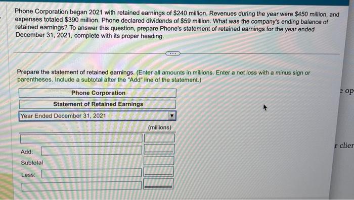 Solved Phone Corporation began 2021 with retained earnings | Chegg.com