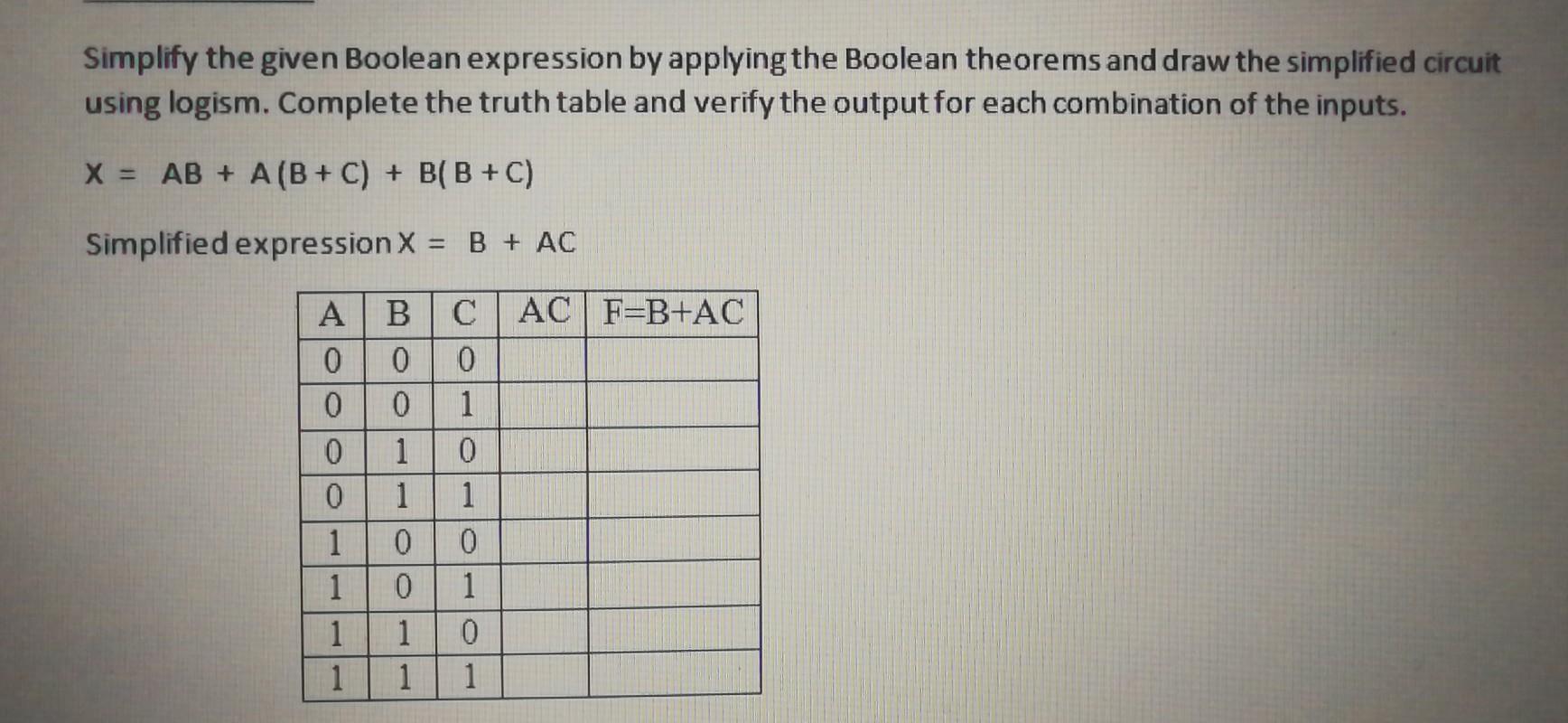 Solved Simplify the given Boolean expression by applying the | Chegg.com
