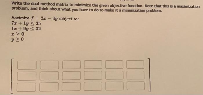 Solved Write the dual method matrix to minimize the given | Chegg.com