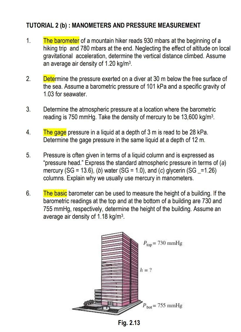 Solved TUTORIAL 2 (b) : MANOMETERS AND PRESSURE MEASUREMENT | Chegg.com