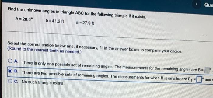 Solved ( Find the unknown angles in triangle ABC for the | Chegg.com