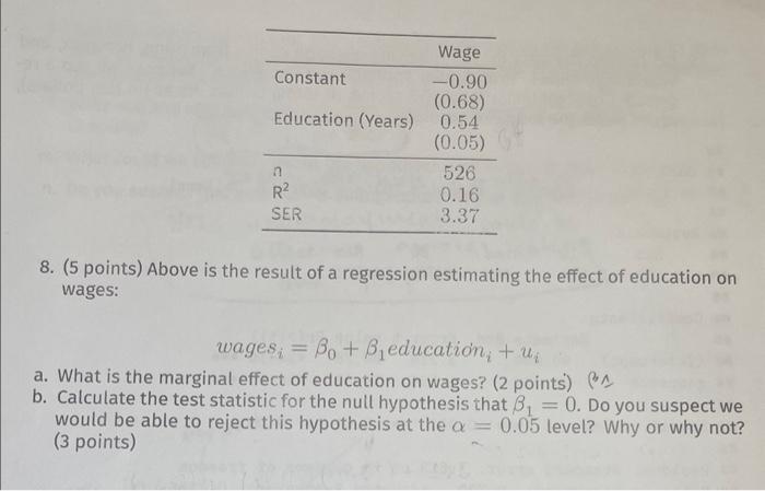 Solved 8. (5 points) Above is the result of a regression | Chegg.com