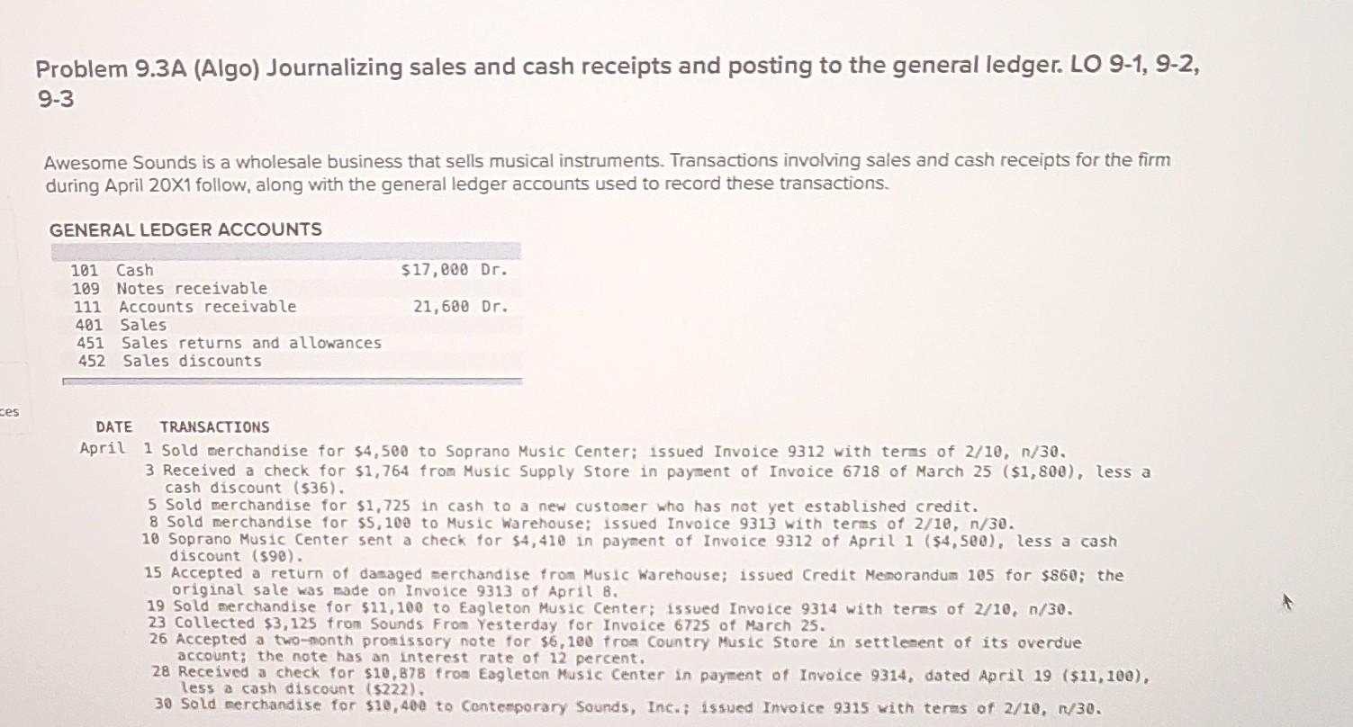 Solved Problem 9.3A (Algo) Journalizing sales and cash | Chegg.com