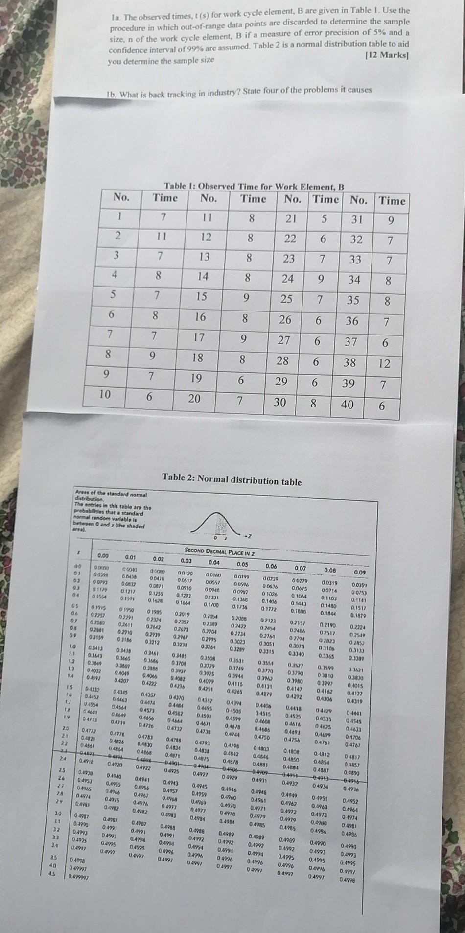 Solved la The observed times, t(s) for work cycle element, B | Chegg.com