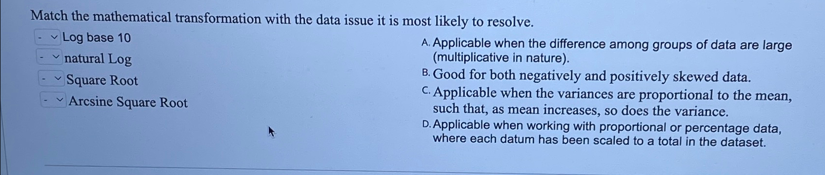 Solved Match the mathematical transformation with the data | Chegg.com