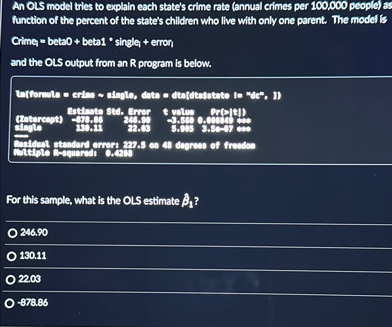 Solved An OLS model tries to explain each state's crime rate | Chegg.com