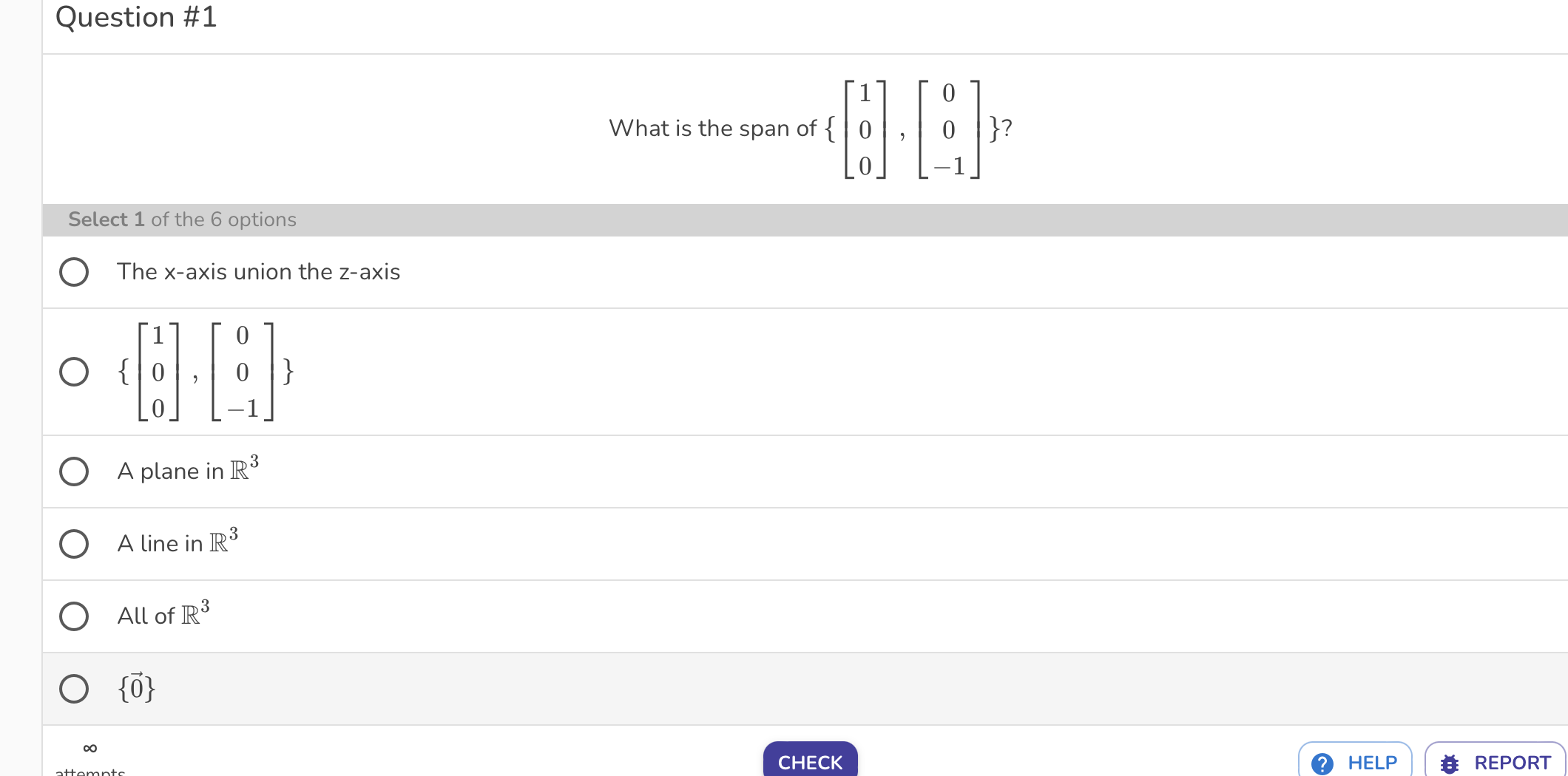 Solved Question #1What is the span of {[100],[00-1]} ?Select | Chegg.com