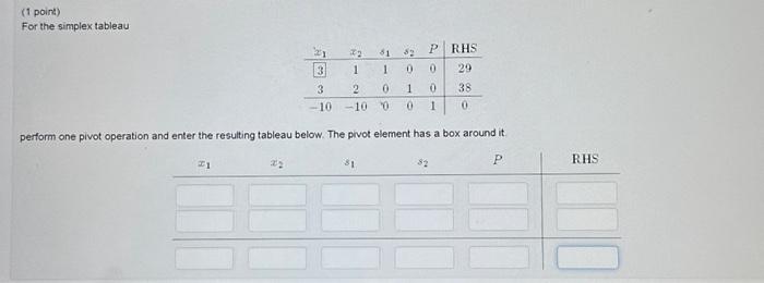 Solved (1 point) For the simplex tableau perform one pivot | Chegg.com