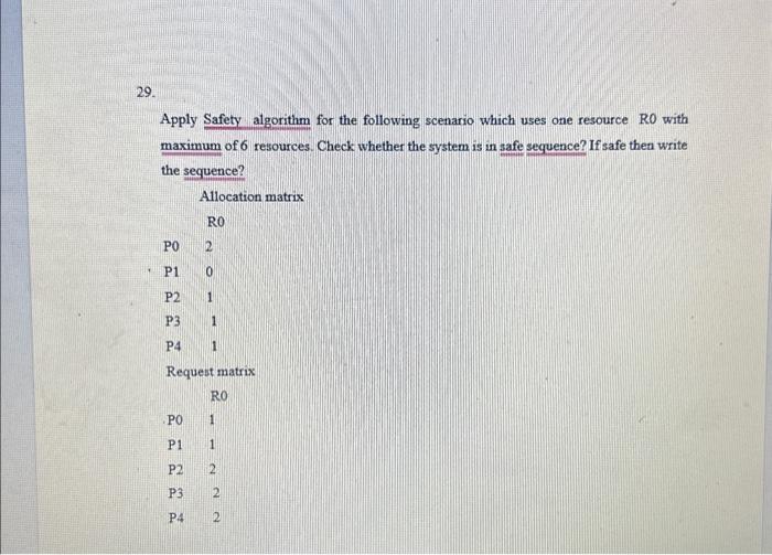 Solved 29. Apply Safety algorithm for the following scenario | Chegg.com
