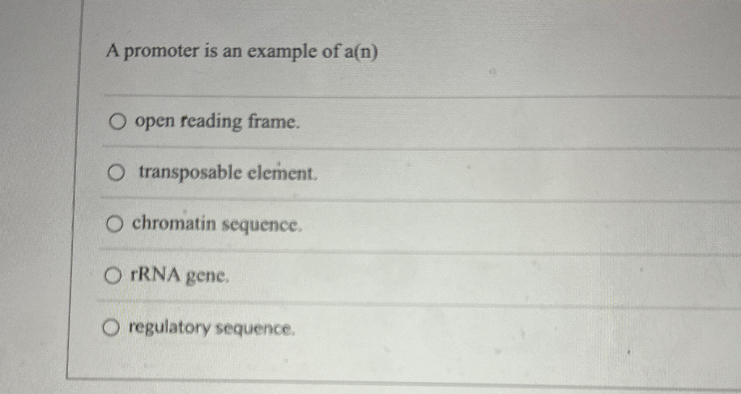 Solved A promoter is an example of a(n)open reading | Chegg.com