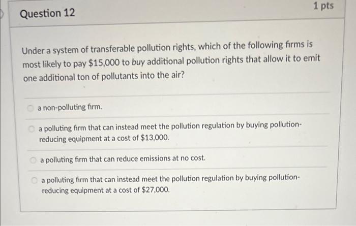 Solved D Question 11 1 pts Under the transferable pollution | Chegg.com