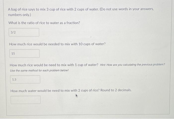 Solved A bag of rice says to mix 3 cup of rice with 2 cups | Chegg.com