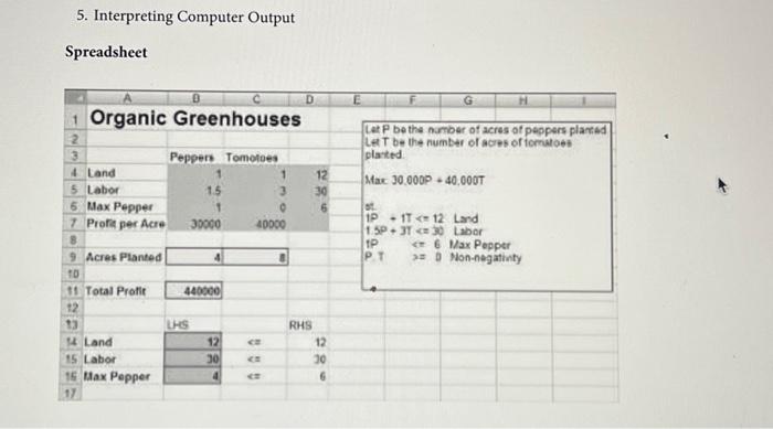 Solved 5. Interpreting Computer Output Spreadsheet Answer | Chegg.com