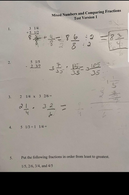 Solved Mixed Numbers and Comparing Fractions Test Version 1 | Chegg.com