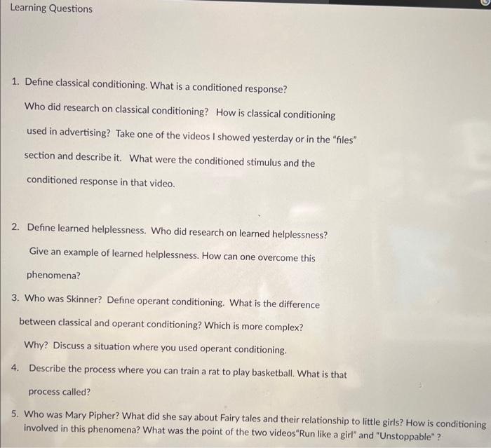 Solved Learning Questions 1. Define classical conditioning. | Chegg.com