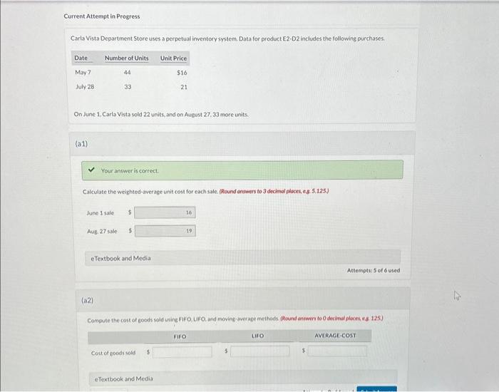 Solved Current Attempt in Progress Carla Vista Department | Chegg.com