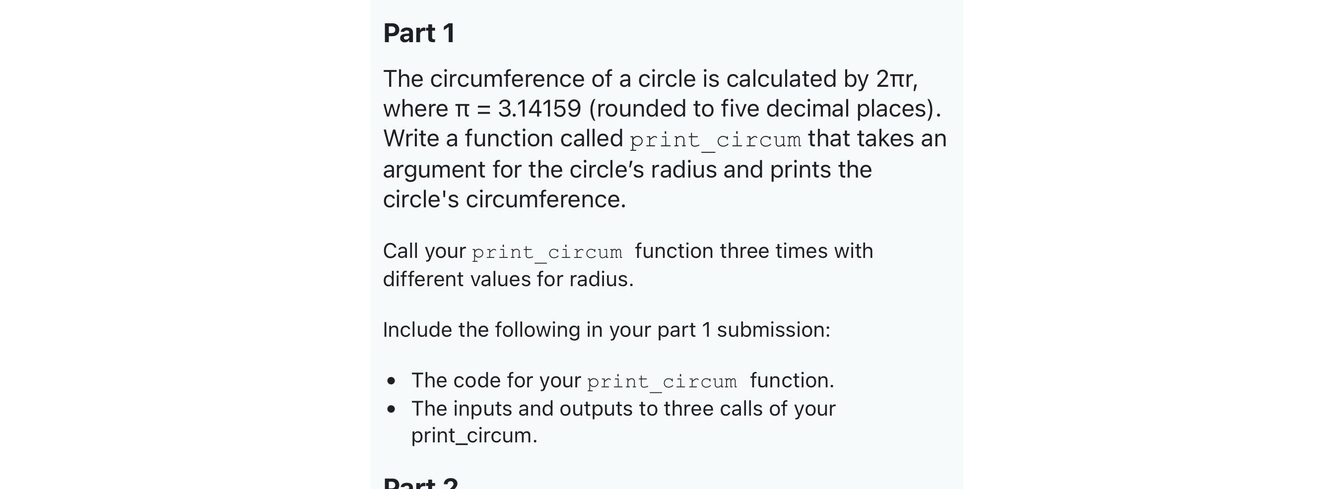 Solved Part 1The circumference of a circle is calculated by | Chegg.com