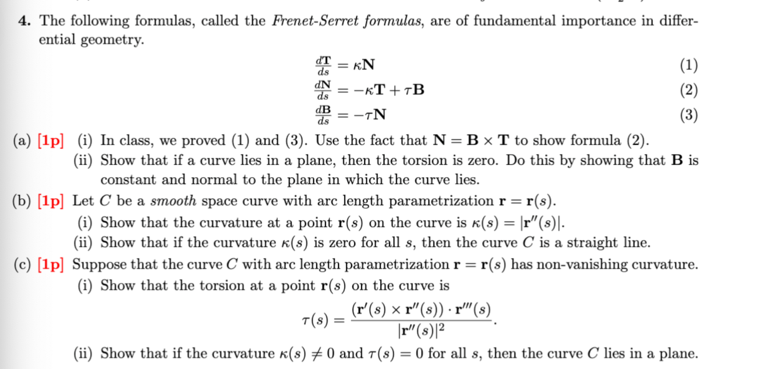 Solved The following formulas, called the Frenet-Serret | Chegg.com