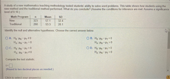 Solved A study of a new mathematics teaching methodology | Chegg.com