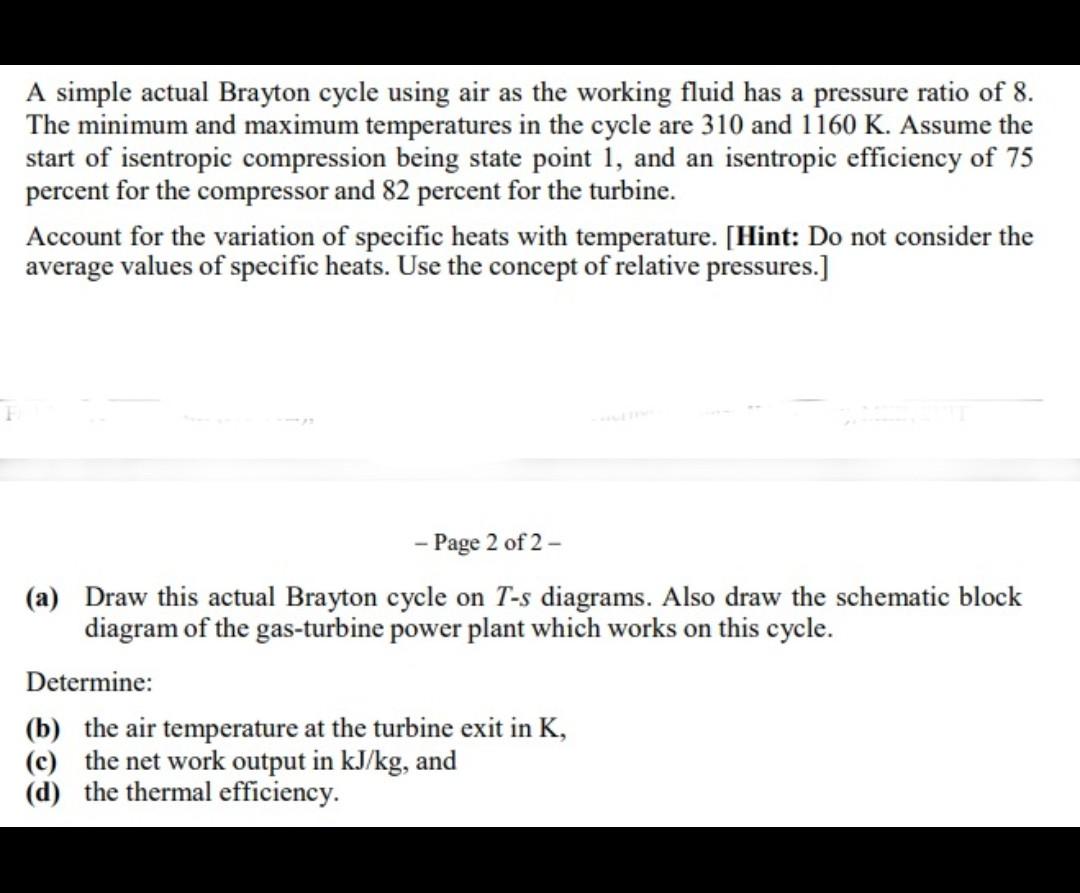 Solved A simple actual Brayton cycle using air as the | Chegg.com