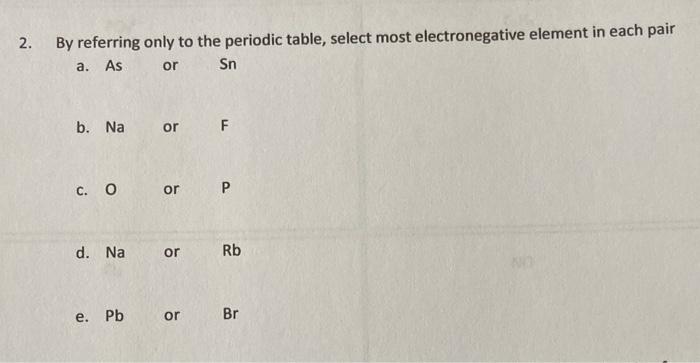 Solved 2. By referring only to the periodic table, select | Chegg.com