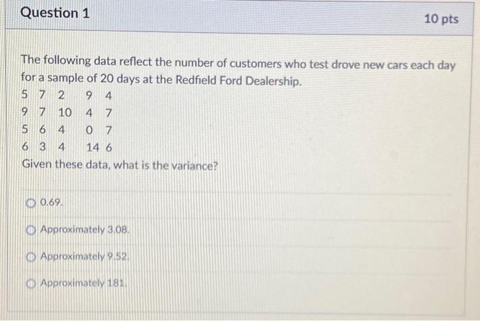 Solved Question 1 10 pts The following data reflect the | Chegg.com