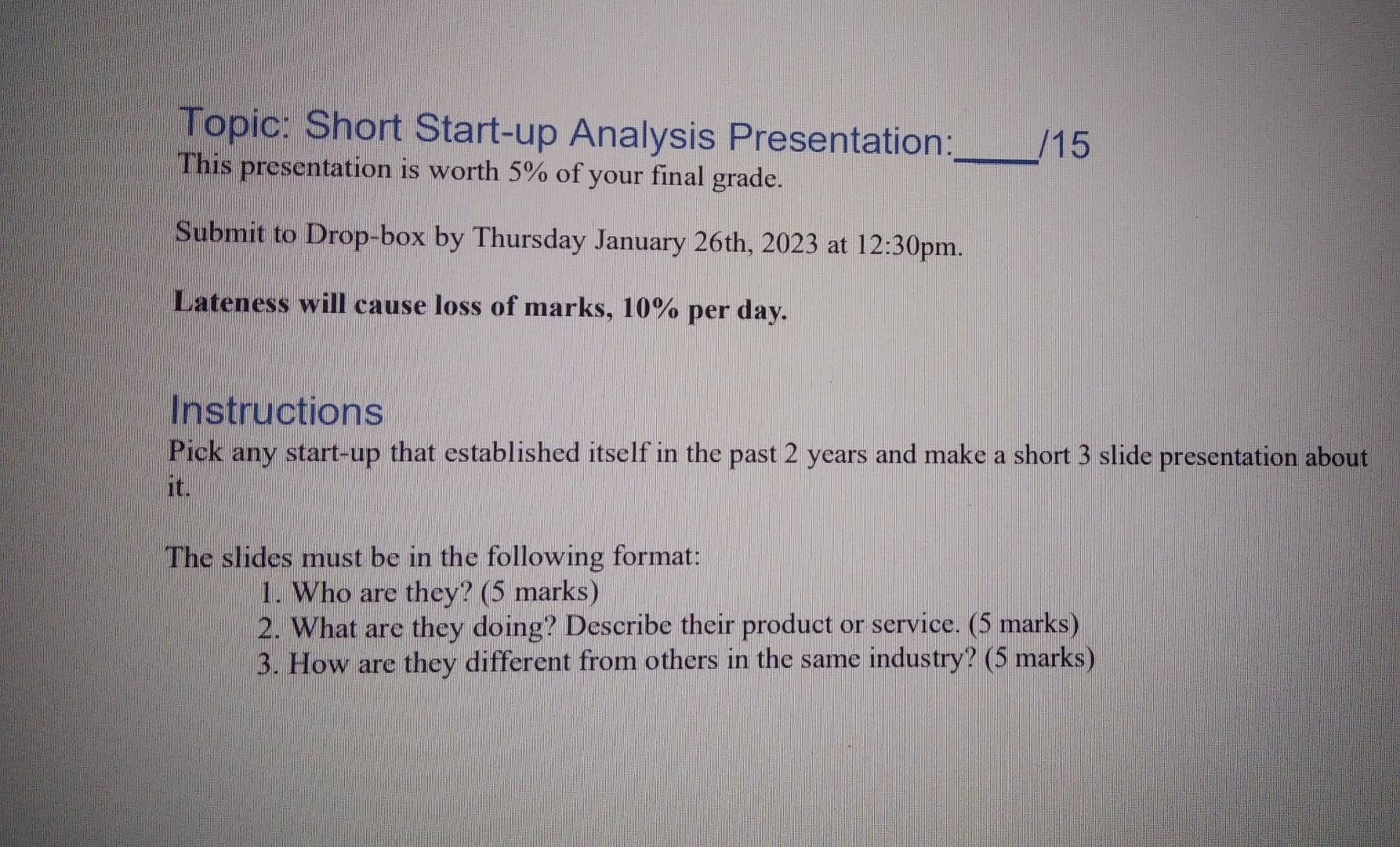 Solved Topic: Short Start-up Analysis Presentation: This | Chegg.com