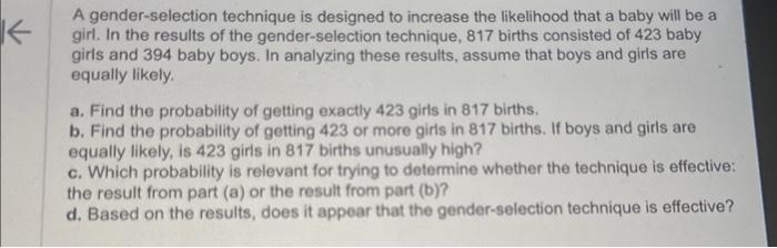 Solved A Gender Selection Technique Is Designed To Increase 6144