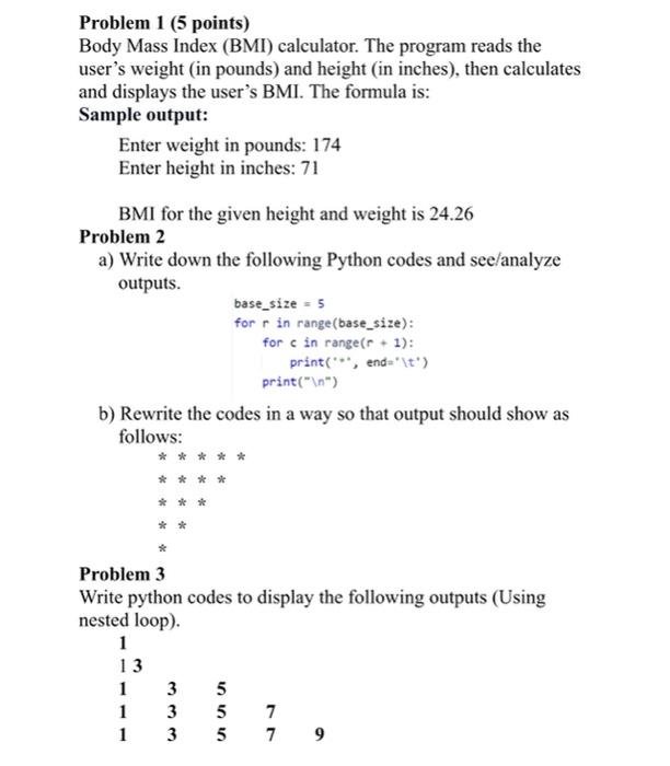 Solved Problem 1 (5 points) Body Mass Index (BMI) | Chegg.com