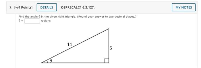 Solved Find the angle θ in the given right triangle. (Round | Chegg.com