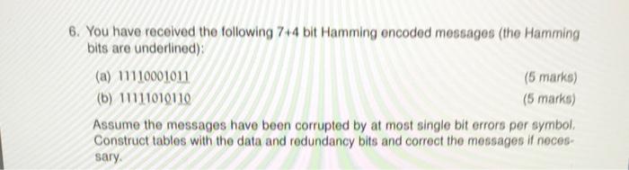 Solved 6. You have received the following 7+4 bit Hamming | Chegg.com