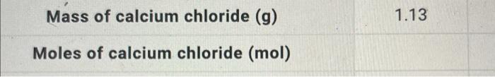 Solved Máss of calcium chloride (g) 1.13 Moles of calcium | Chegg.com