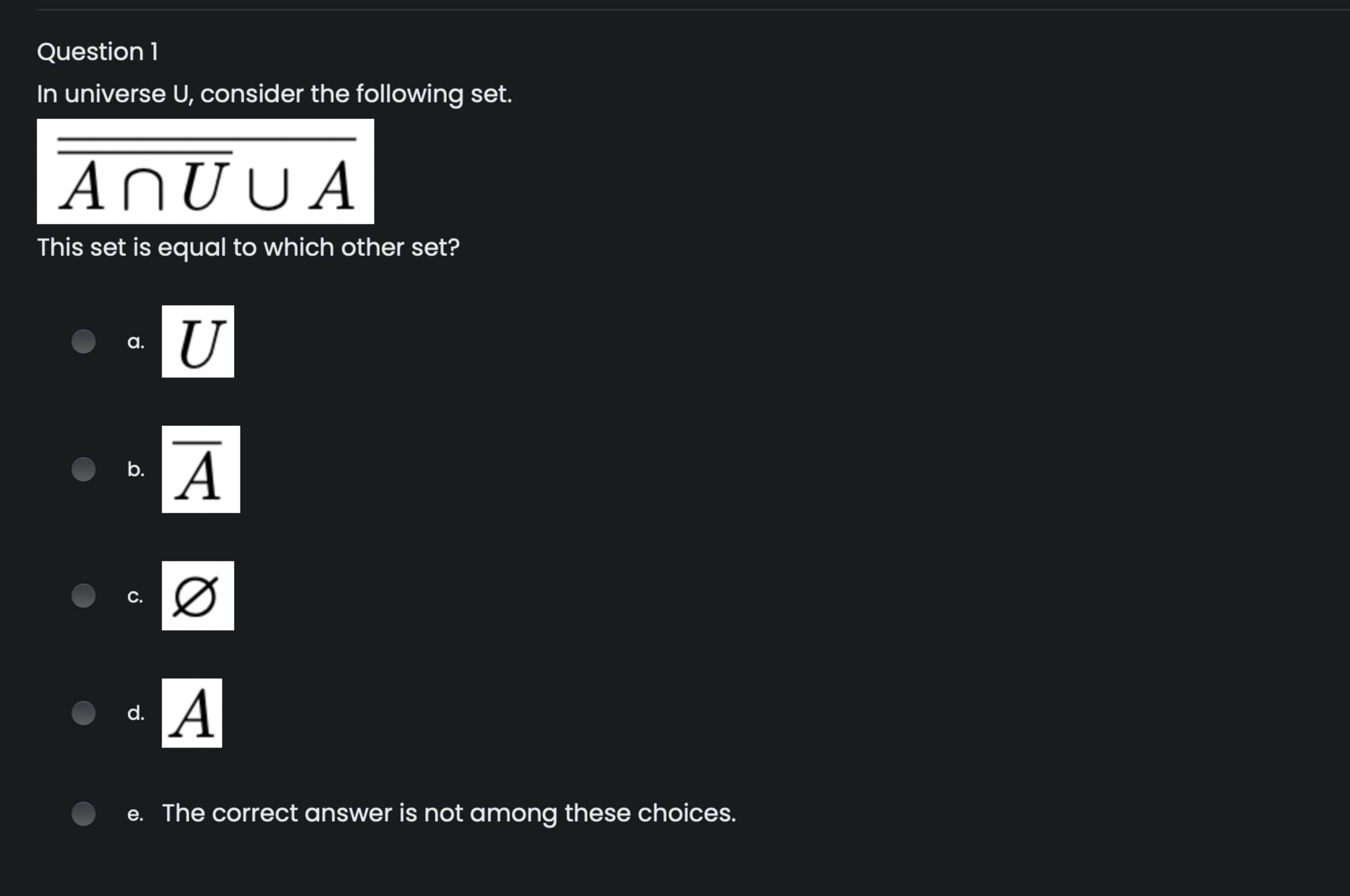Solved Question 1In universe U, ﻿consider the following | Chegg.com