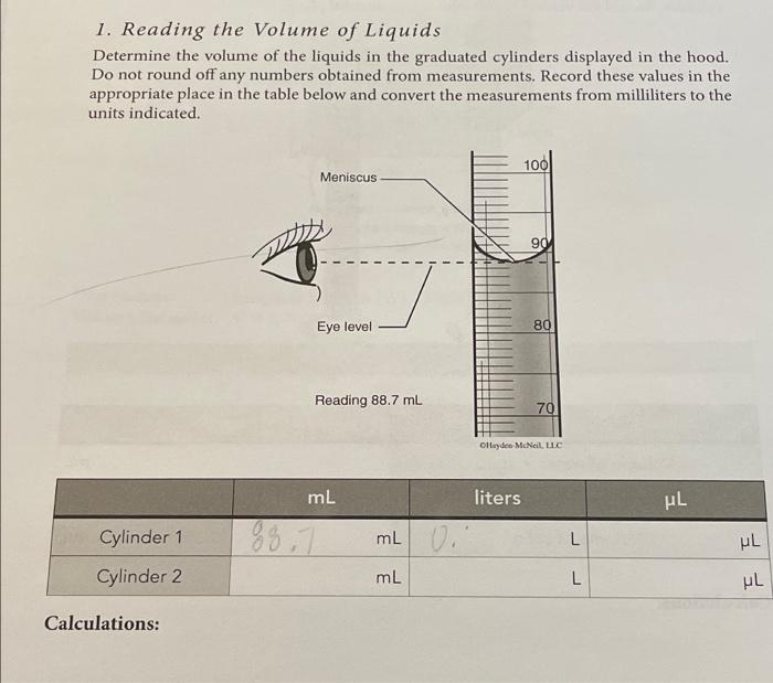 Solved 1. Reading the Volume of Liquids Determine the volume | Chegg.com