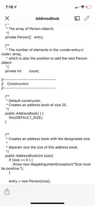 Solved 7:16 4 Х AddressBook Introduction to OOP with Java | Chegg.com