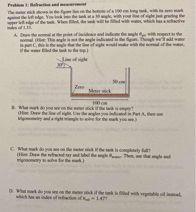 Solved Problem 1: Refraction and measurement The meter stick | Chegg.com