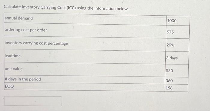 Solved Calculate Inventory Carrying Cost (ICC) using the | Chegg.com