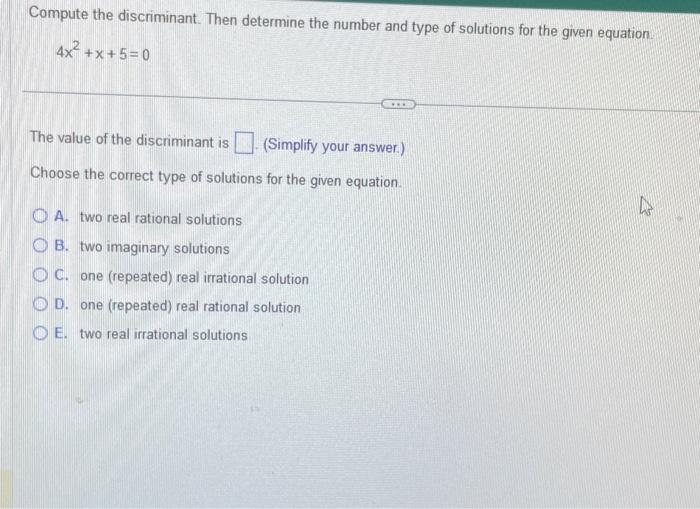 Solved Compute the discriminant. Then determine the number | Chegg.com