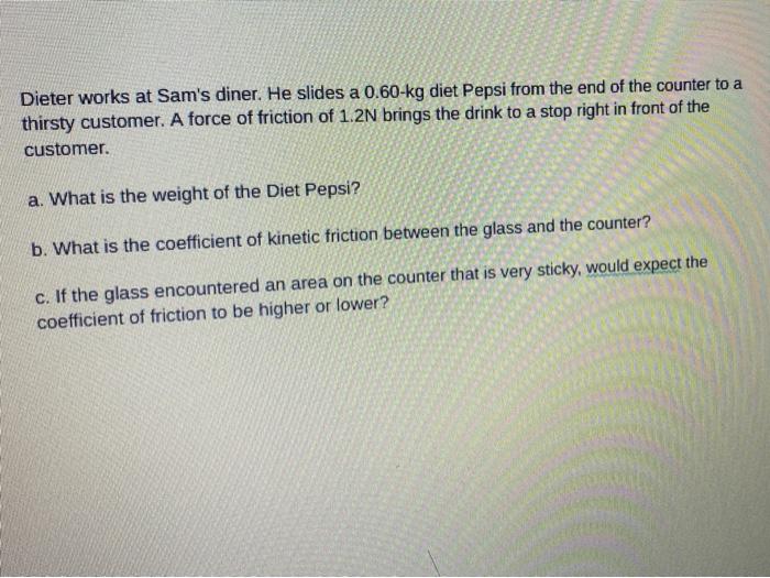 Solved Dieter works at Sam's diner. He slides a 0.60-kg diet | Chegg.com
